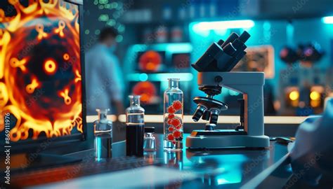 laboratory setup with microscope test tubes and computer displaying