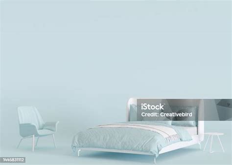현대적인 침실 가구와 텍스트 광고를 위한 복사 공간 가구점 인테리어 세부 사항 가구 판매 인테리어 프로젝트 빈 공간이 있는 파란색 템플릿입니다 미니멀리스트 디자인 3d