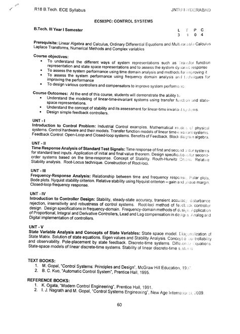 CS Syllabus ECE R B ECE Syllabus JNTU HYDERABAD EC PC CONTROL SYSTEMS B Ill Year I