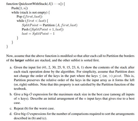Solved The Following Version Of Quicksort Uses A Stack In Chegg