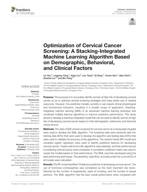 Pdf Optimization Of Cervical Cancer Screening A Stacking Integrated Machine Learning