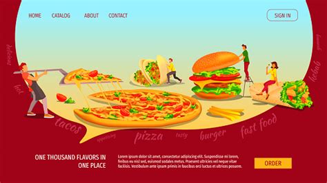 패스트 푸드 요리 음식 주문 정크 푸드를위한 웹 페이지 디자인 템플릿 거대한 햄버거 케밥 타코와 피자와 작은 사람들 감자 요리에