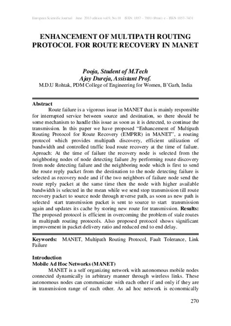 pdf enhancement of multipath routing protocol for route recovery in