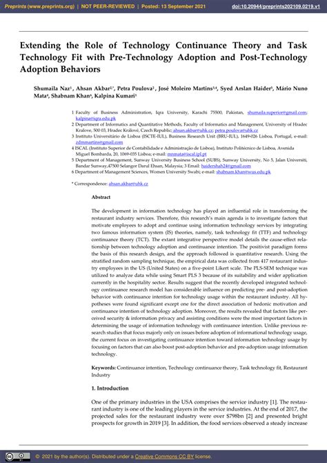Pdf Extending The Role Of Technology Continuance Theory And Task Technology Fit With Pre
