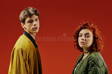 Alluring Couple In Fashionable Vivid Clothes Stock Image Image Of