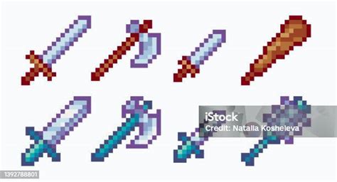 근접 무기 픽셀 아트 세트 강철 검 클럽 단검 및 도끼 수집 8비트 스프라이트 픽셀 아트에 대한 스톡 벡터 아트 및 기타 이미지 픽셀 아트 비디오 게임 무기 Istock