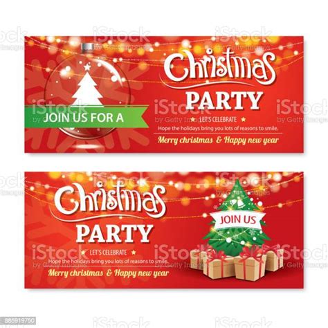 초대 메리 크리스마스 파티 포스터 배너와 카드 빨간 배경 서식 파일을 디자인 행복 한 휴가 새 해 트리 및 선물 상자 테마 개념