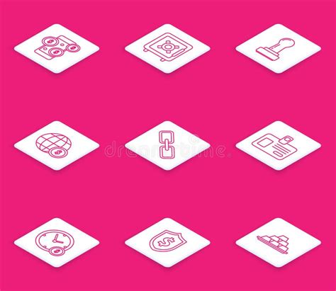 Set Line Smartphone With Dollar Symbol Safe Stamp Earth Globe Chain Link Identification