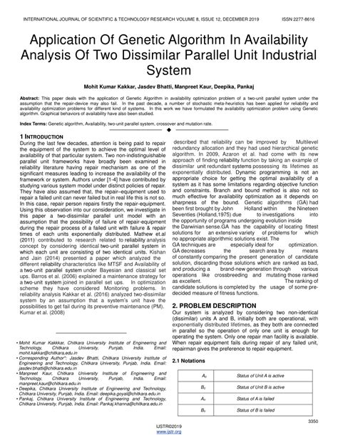 Pdf Application Of Genetic Algorithm In Availability Analysis Of Two Dissimilar Parallel Unit