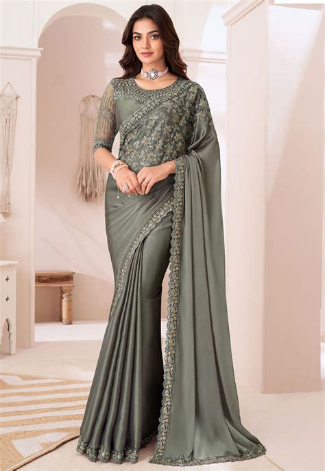 Buy Embroidered Satin Georgette Scalloped Saree In Dusty Green Online