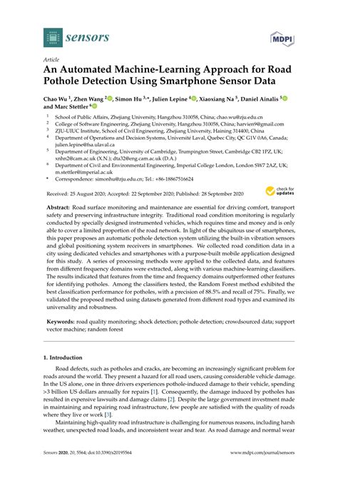 PDF An Automated Machine Learning Approach For Road Pothole Detection Using Smartphone Sensor Data