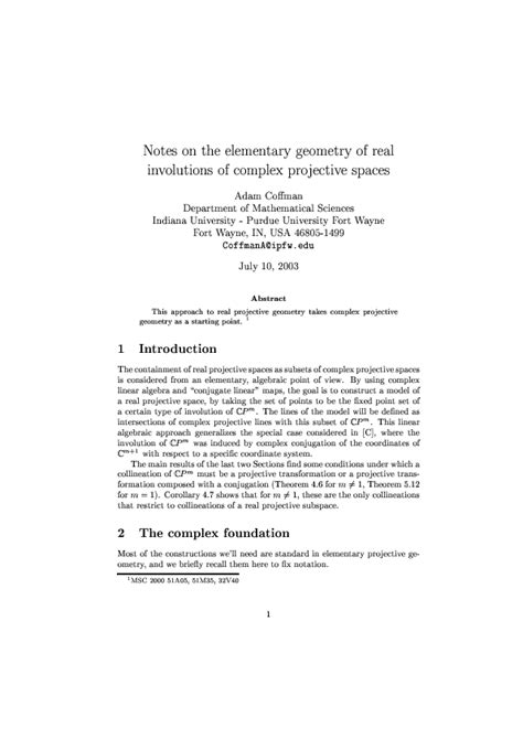 Pdf Notes On The Elementary Geometry Of Real Involutions Of Complex