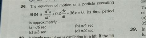 The Equation Of Motion Of A Particle Executing SHM Is Frac D X