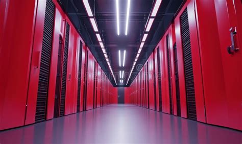 Red Server Room With Illuminated Corridor Modern Data Storage Units Sleek Design High Tech