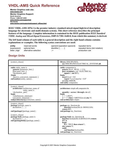 vhdl ams language quick reference