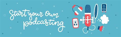 자신의 팟 캐스팅을 시작합니다 수평 파노라마 배너 악기 마이크 및 헤드폰 오디오 처리 프로그램을 통해 개념화할 수 있습니다 핸드 레터링벡터 플랫 일러스트레이션 팟캐스팅에