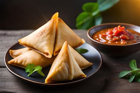 Premium Photo A Plate Of Samosas With A Bowl Of Tomato Sauce On The Side