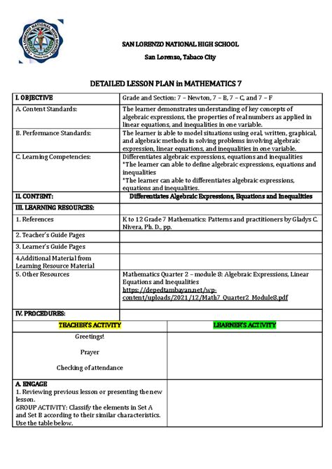 Lp For Algebraic Expression Equations And Inequalities San Lorenzo National High School San