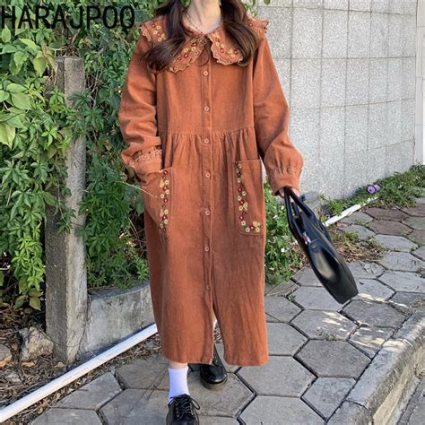 Harajpoo 드레스 여성 하라주쿠 피터팬 칼라 싱글 브레스트 자수 2022 새로운 긴 소매 코듀로이 한국 미디 드레스드레스