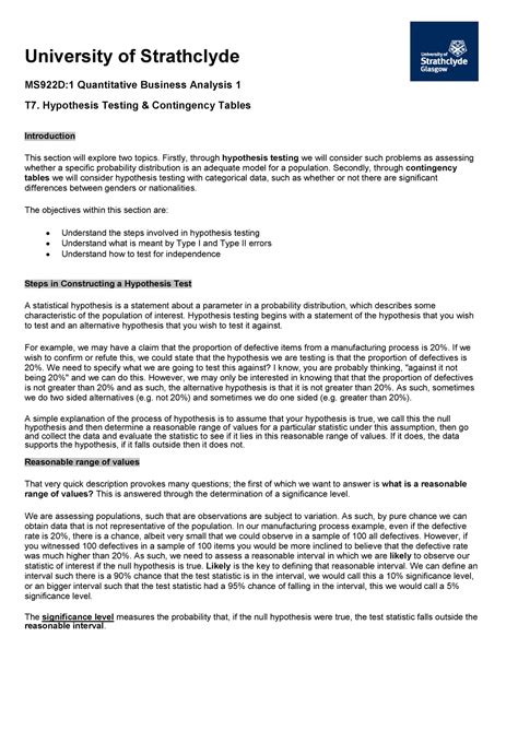 Hypothesis Testing Notes With Examples University Of Strathclyde MS922D 1 Quantitative