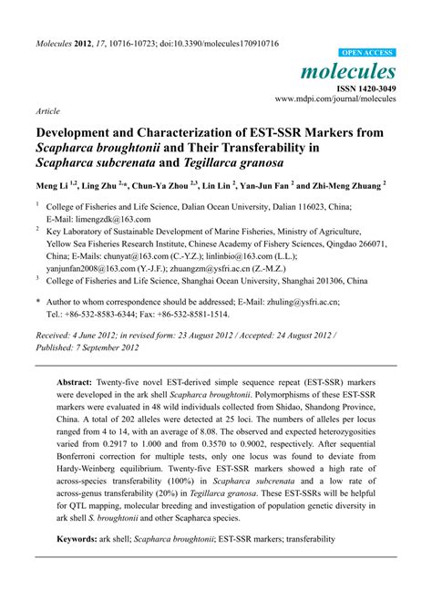 Pdf Development And Characterization Of Est Ssr Markers From Scapharca Broughtonii And Their