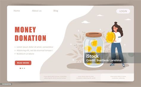 돈 기부 랜딩 페이지 템플릿입니다 금화로 가득 찬 유리병을 가진 귀여운 여자 국제 자선의 날 기금 모금 개념 벡터 만화 그림 기금 모금에 대한 스톡 벡터 아트 및 기타