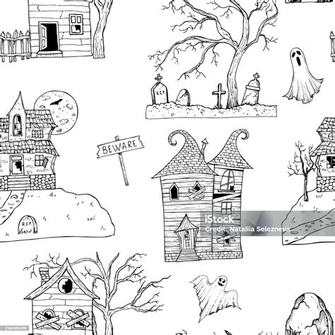 할로윈 유령의 집 완벽 한 패턴입니다 벡터 손으로 그린 선형 유령 성 밤 Bandoned 묘지 괴물 실루엣 그림 신비로운 그래픽 흑백 으스스하고 공포 박쥐 달 무덤 고립