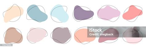 색깔 액체 불규칙한 아메바 얼룩 모양 벡터 컬렉션은 흰색 배경에 분리되어 있습니다 파스텔 색상 유동적인 보블 얼룩 형태 세트 변형 드롭 그래픽 요소 타원형에 대한 스톡 벡터