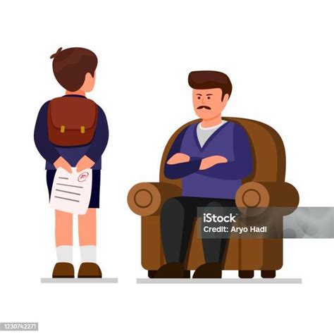 아들은 부모로부터 시험 종이 나쁜 성적을 숨기고 아이는 나쁜 성적을 가져와 서학 클래스 만화 평면 일러스트 벡터에서 흰색 배경에 고립 부모에 대한 스톡 벡터 아트 및 기타