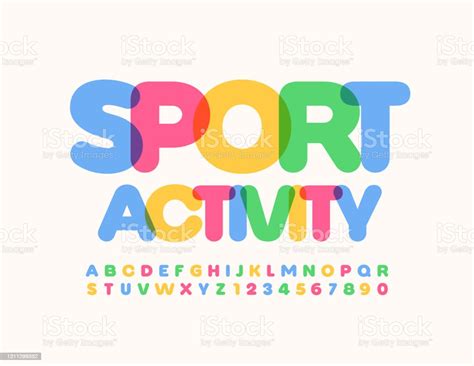 벡터 컬러풀 한 엠블럼 스포츠 활동 밝은 알파벳 문자 및 숫자 세트 건강한 생활방식에 대한 스톡 벡터 아트 및 기타 이미지 건강한 생활방식 그래픽 프린트 다중 색상