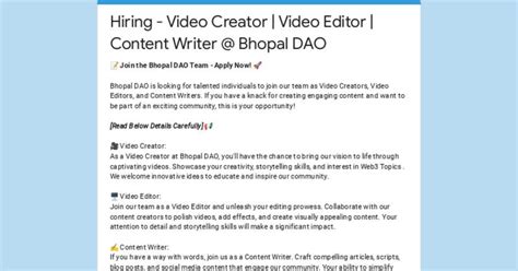 Hiring Video Creator Video Editor Content Writer Bhopal Dao