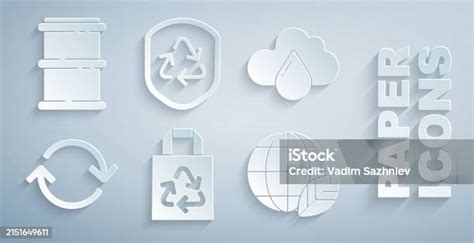 재활용 구름 비 새로 고침 지구 지구본과 잎 방패 내부의 재활용 기호 및 배럴 아이콘으로 종이 봉지를 설정합니다 벡터 3차원 형태에 대한 스톡 벡터 아트 및 기타 이미지