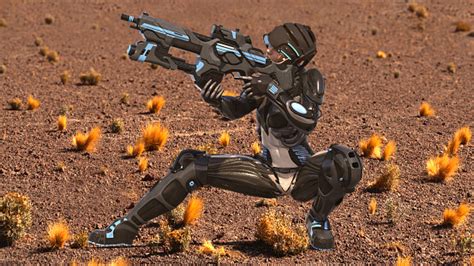 사막에서 안 드 로이드 여성 군인이 무장 소총 군사 사이보그 여 자가 웅크리고 및 촬영 공상 과학 소녀 3d 렌더링 3차원 형태에 대한 스톡 사진 및 기타 이미지 Istock