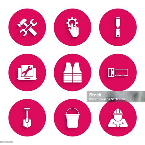안전 조끼 양동이 건축업자 손톱 삽 노트북 서비스 Rasp 금속 파일 및 해머 렌치 아이콘을 설정합니다 벡터 나사돌리개에 대한 스톡 벡터 아트 및 기타 이미지 Istock