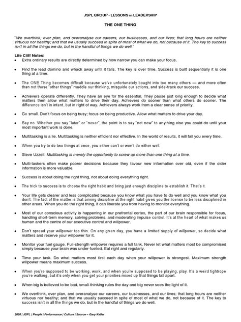 The One Thing Summary Pdf Self Management Self Control