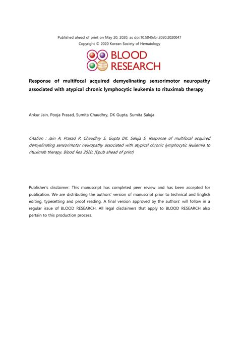 Pdf Response Of Multifocal Acquired Demyelinating Sensorimotor Neuropathy Associated With