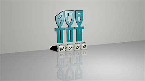 벽에 아이콘이 있는 Wood의 3d 표현과 컨셉 의미 및 슬라이드쇼 프레젠테이션을 위해 거울 바닥에 금속 입방 문자로 정렬된 텍스트 배경 및 나무 0명에 대한 스톡 사진 및