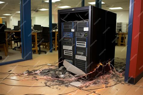 Premium Photo Server Rack With A Server Crashed To The Floor