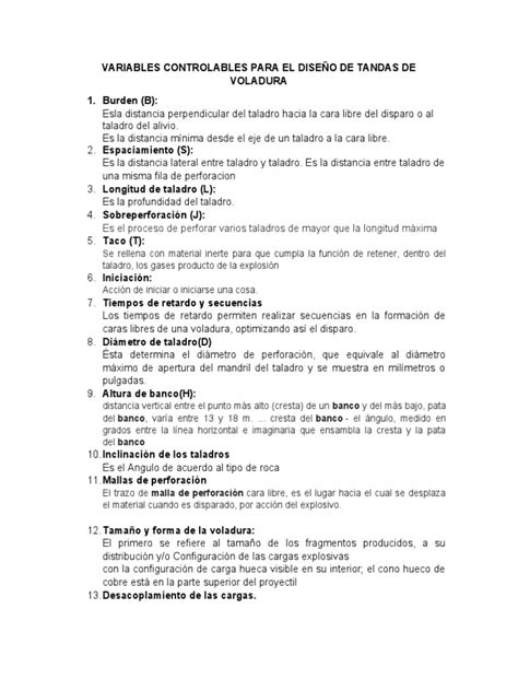 Variables Controlables Para El Diseño De Tandas De Voladura Pdf Perforar Energía Y Recursos