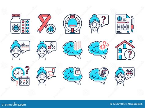 Brain Disease Dementia Line Color Icons Set Decline In Memory