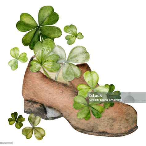 수채화 손으로 그린 그림 성 패트릭 휴일 레프러콘 부츠 신발 녹색 행운의 클로버 토끼풀 아일랜드 전통 흰색 배경에 격리되어 있습니다 초대장 인쇄물 웹 사이트 카드 3월에