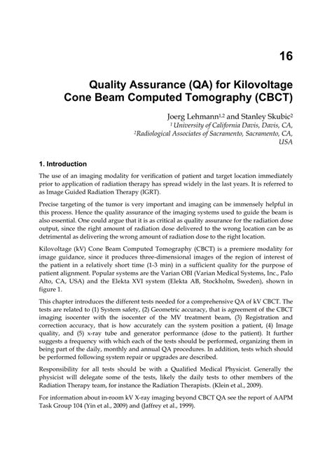 Pdf Quality Assurance Qa For Kilovoltage Cone Beam Computed Tomography Cbct
