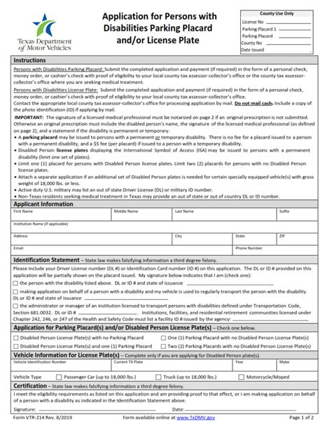 Vtr 214 Application For Persons With Disabilities Parking Placard And