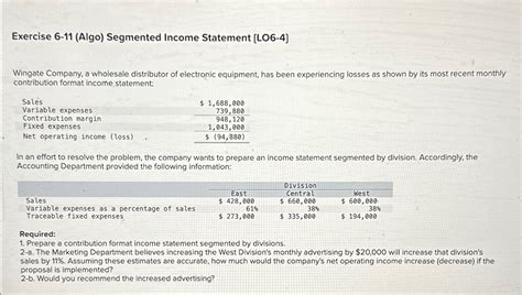 solved exercise 6 11 algo ﻿segmented income statement