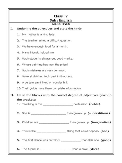 Cbse Class 5 English Worksheet Adjectives Pdf