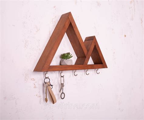 Полка Деревянная на Стену Декоративная Настенная с Крючками Стиль Бохо для Ключей Стильный Декор