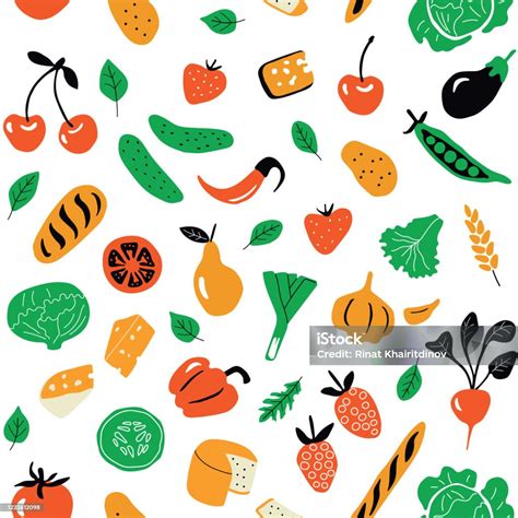 건강 식품 유기농 제품으로 매끄러운 패턴 직물 포장 직물에 대한 재미있는 낙서 손으로 그려진 질감 천연 과일 채소 및 유제품