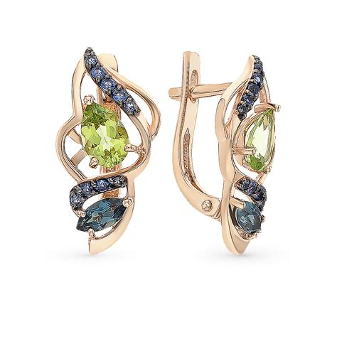 Золотые серьги с фианитами, топазами и хризолитом МОСКОВСКИЙ ...