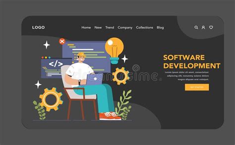 Software Development Web Banner Or Landing Page Dark Or Night Mode Stock Vector Illustration