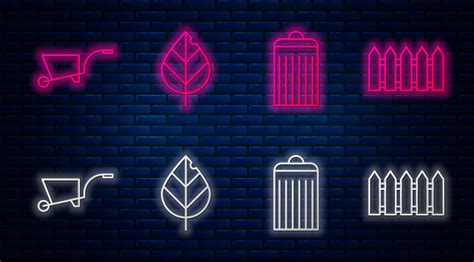 設置線葉垃圾桶手推車和花園圍欄木制磚牆上發光的霓虹燈圖示向量向量圖形及更多器材圖片 器材 垃圾 外型 Istock